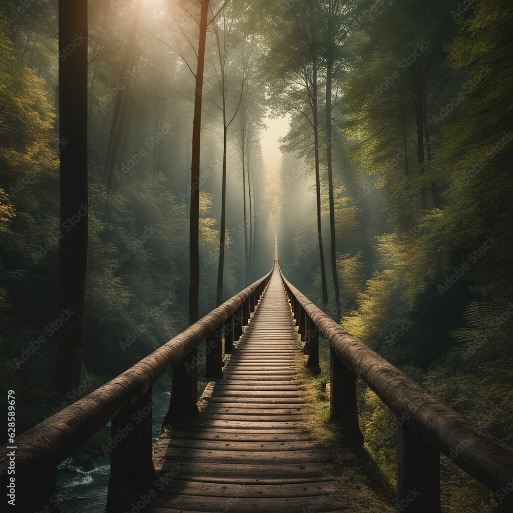 AI generated illustration of A bridge crossing a dense forest with tall ...