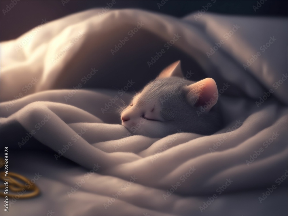 AI generated sleeping mouse curled up on a bed draped in a blanket ...