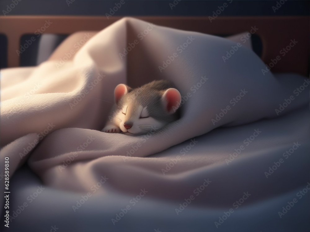 AI generated sleeping mouse curled up on a bed draped in a blanket Stock Illustration | Adobe Stock