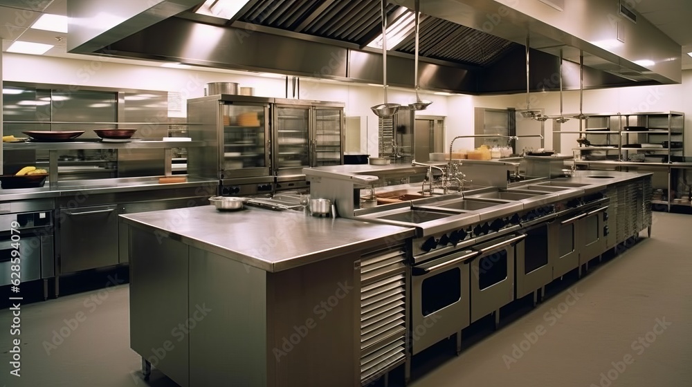Design of a professional kitchen for a restaurant or cafe. Metal table ...