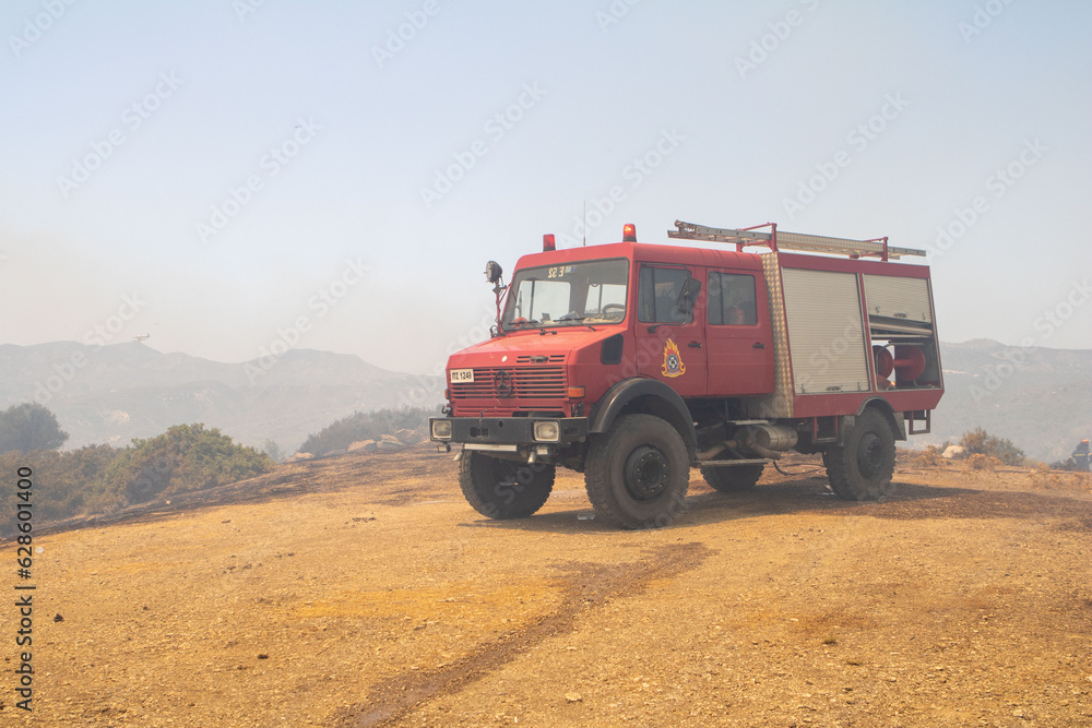 RHODES, GREECE - JULY 23: Fires are burning the center and south of the ...
