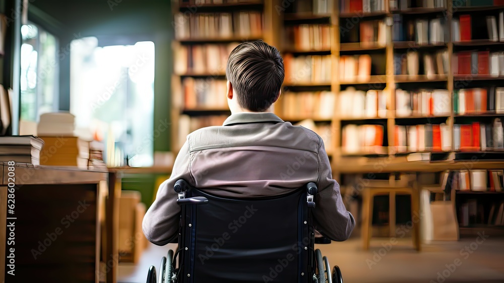 Portrait back view of disabled student in wheelchair choosing books ...