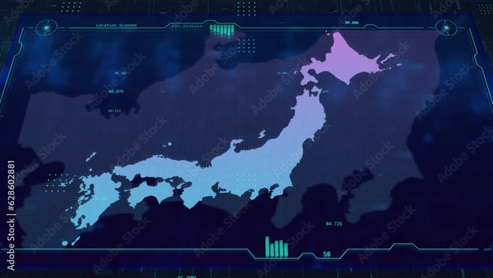 Technology style Japan map with particles and HUD&UI animation. Stock ...