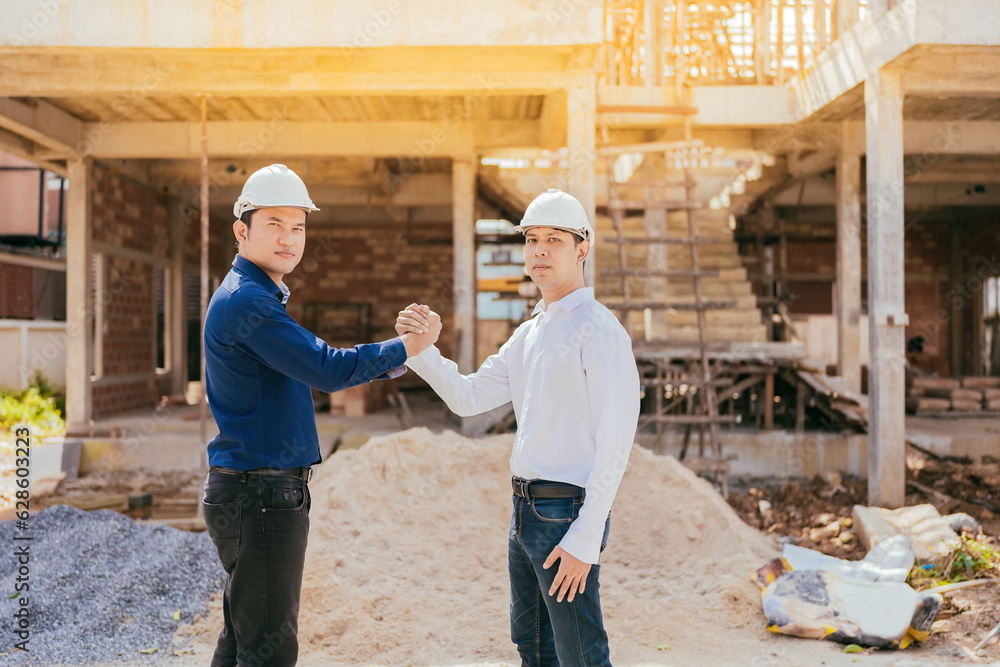Half-body shot of two Asian male engineers joining hands and working ...