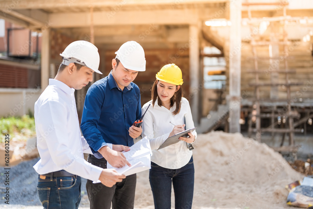 A team of 3 Asian male and female engineers are mechanics looking at ...