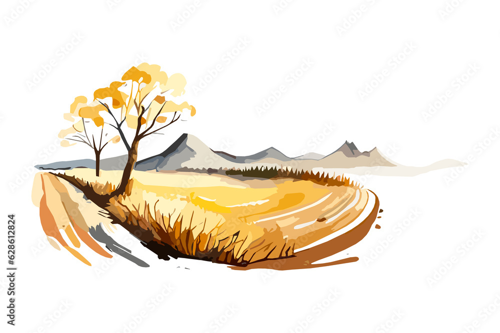 Watercolor golden field with crops on transparent background, PNG. Hand ...
