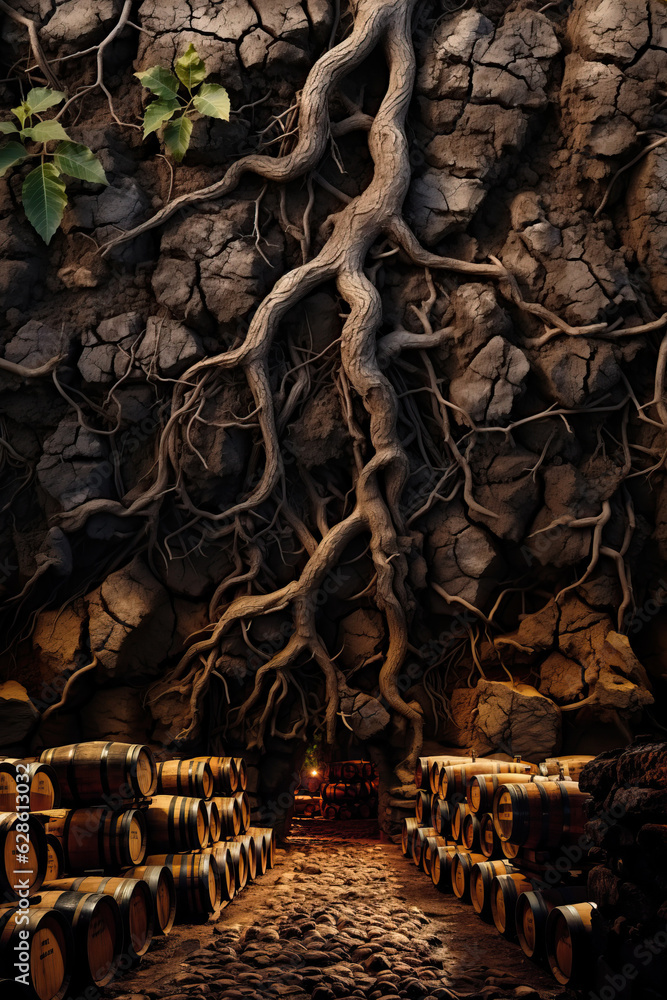 Grape tree roots under Vineyards and wine cellar with wine or whiskey ...