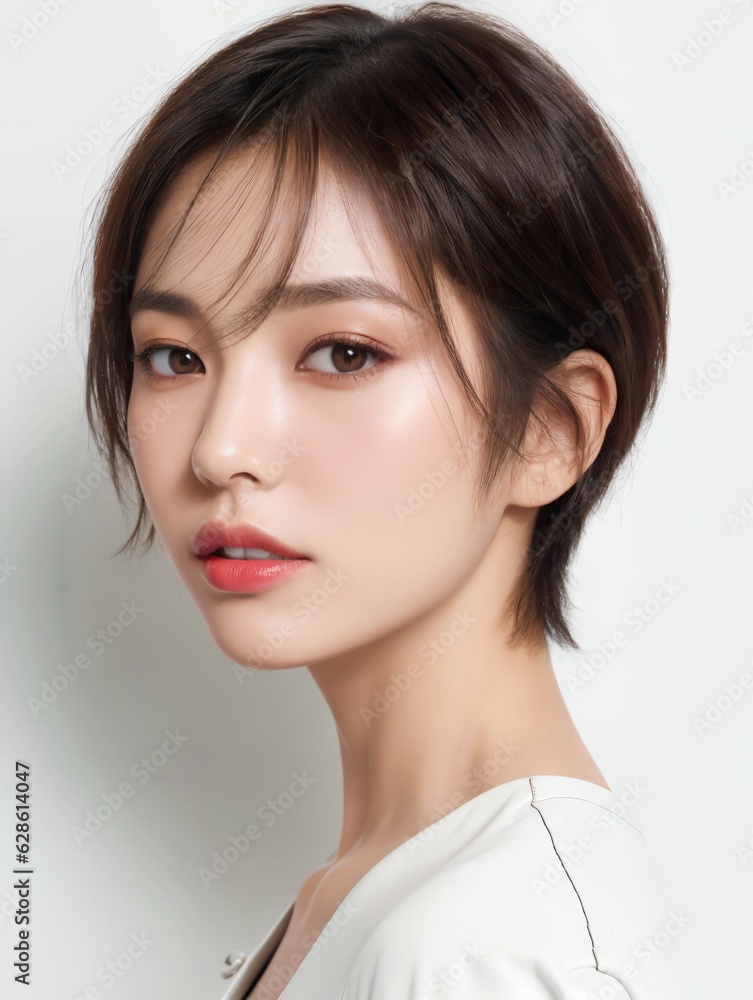 Portrait of beautiful women with pixie cut, glossy skin and red statement lips wearing black ...