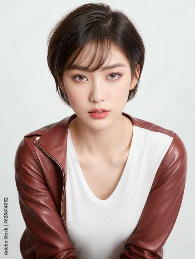 Portrait of beautiful women with pixie cut, glossy skin and red statement lips wearing black ...