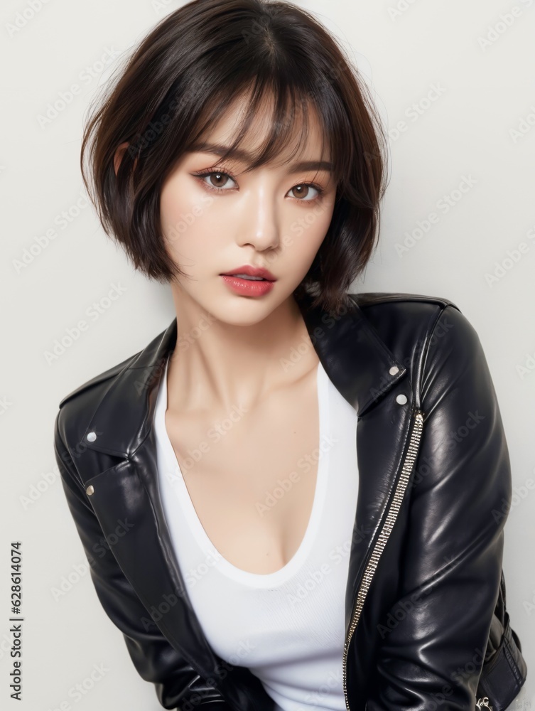 Portrait of beautiful women with pixie cut, glossy skin and red statement lips wearing black ...