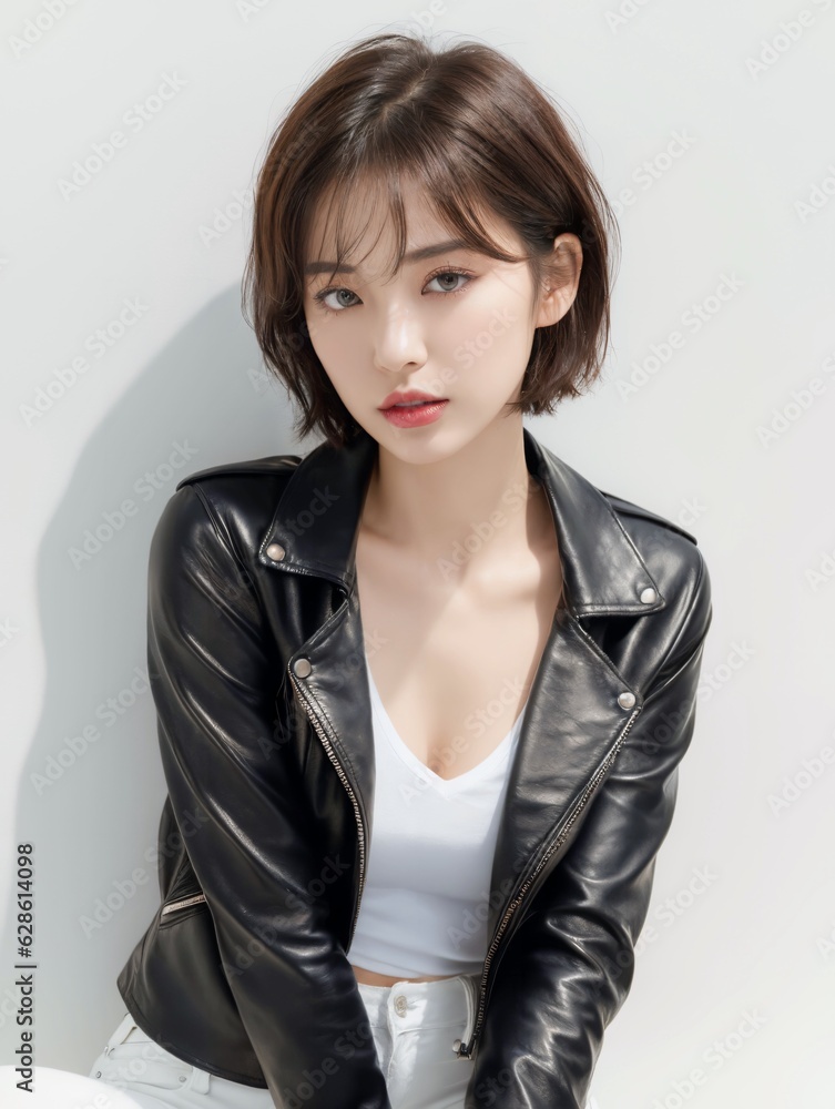 Portrait of beautiful women with pixie cut, glossy skin and red statement lips wearing black ...