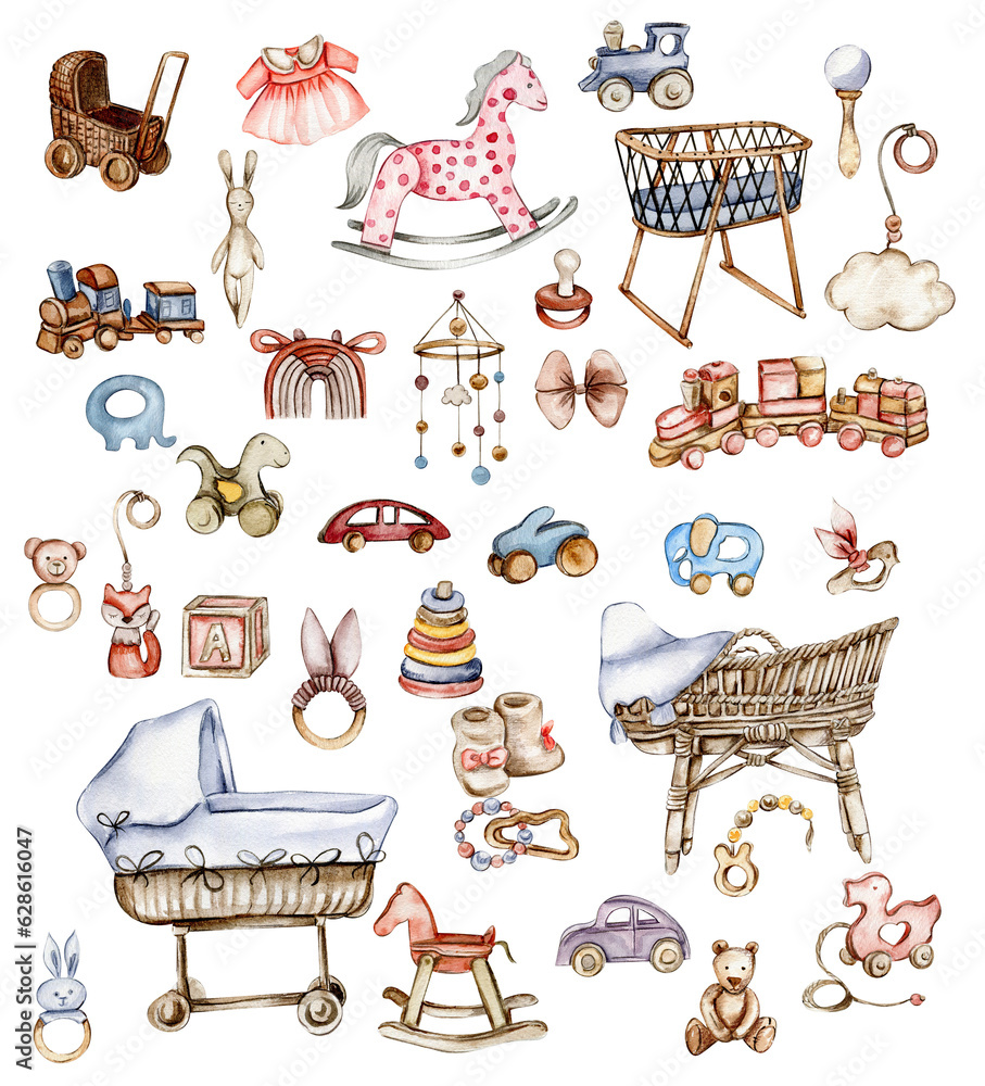 Set of watercolor baby toys. Wood kids toys watercolor hand drawn ...