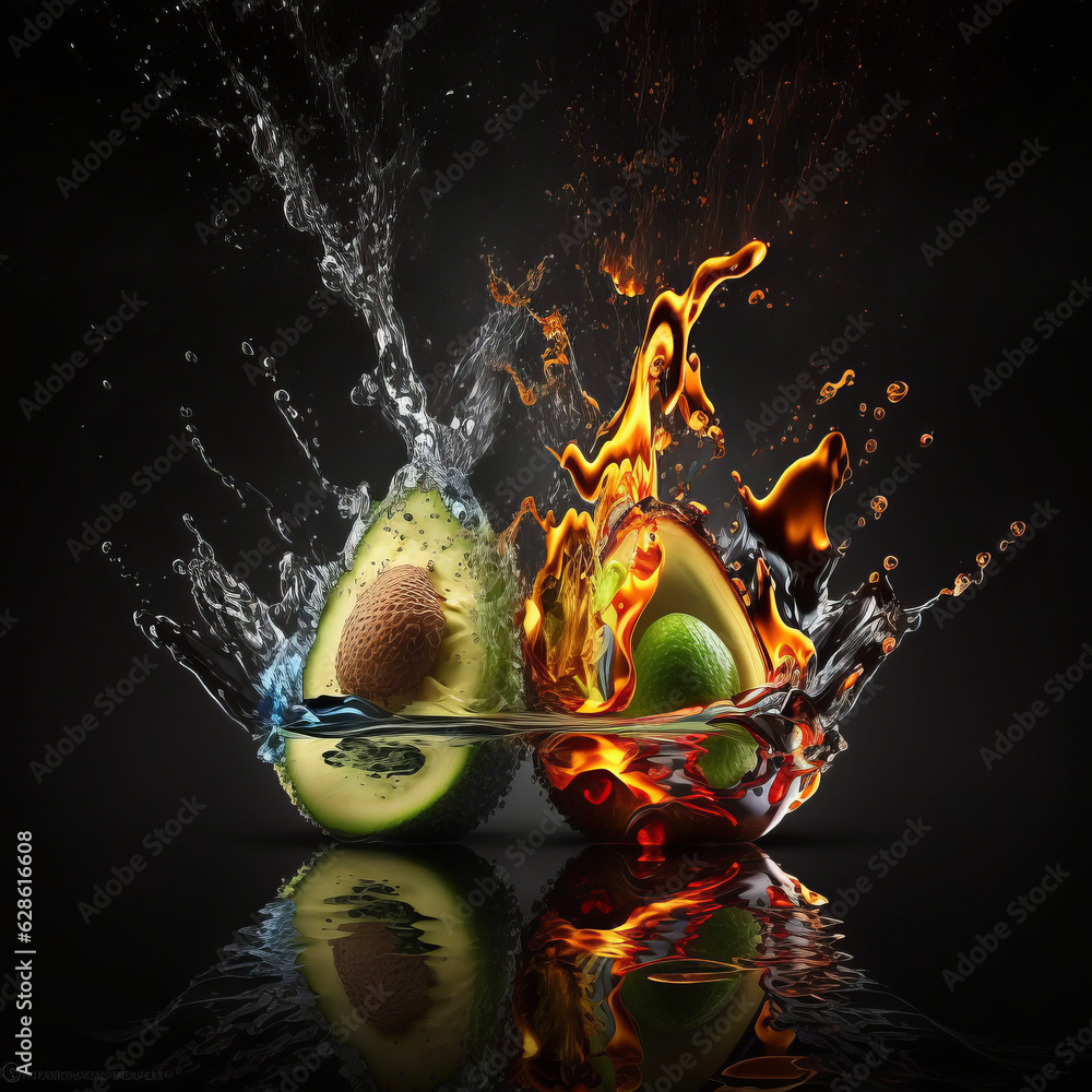 Burning avocado with splashing water, fresh super fruit ideal as ...