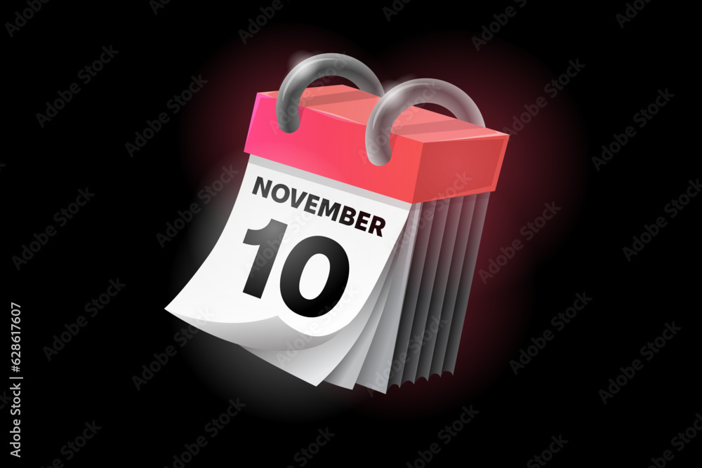 November 10 3d calendar icon with date isolated on black background ...