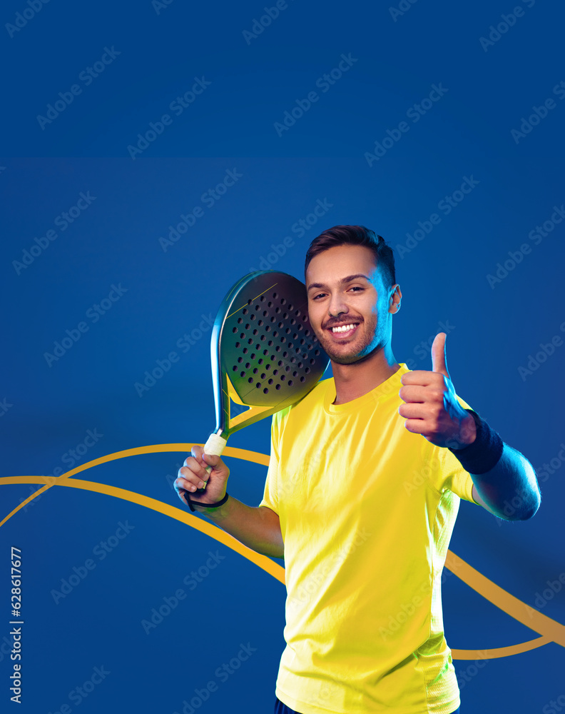 Padel tennis player in social media template. Man athlete with paddle ...