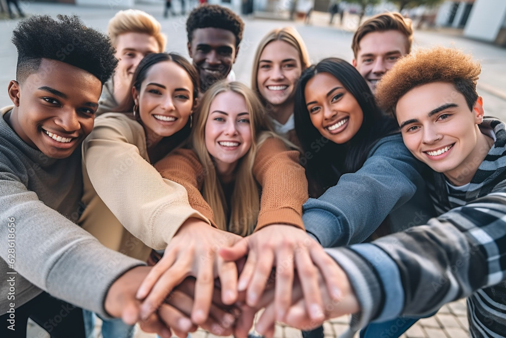 Multicultural friends taking selfie pic with cellphone outside - Happy ...