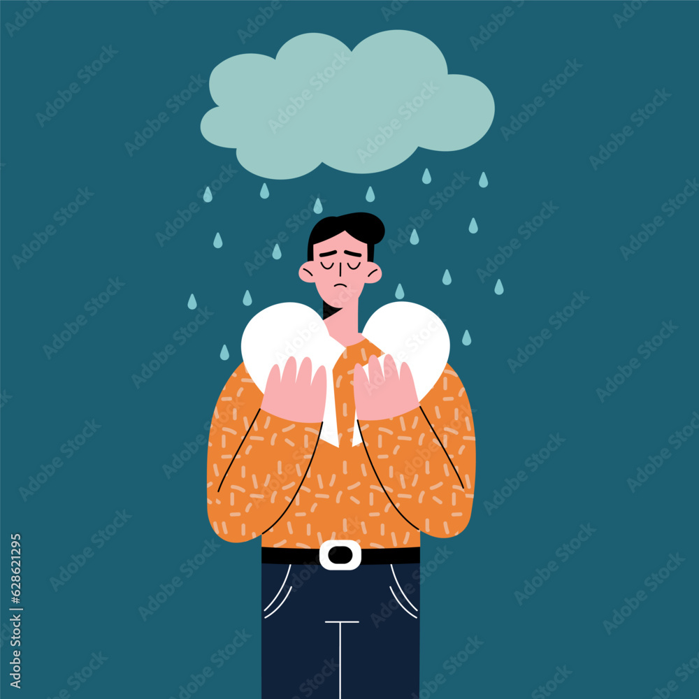 The illustration shows a melancholy self-made man standing under a rain ...