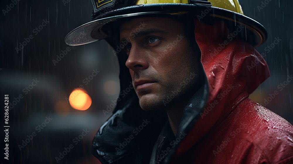 Foto de Sad Firefighter in Uniform in the Rain. Outside a Fire. Upset ...