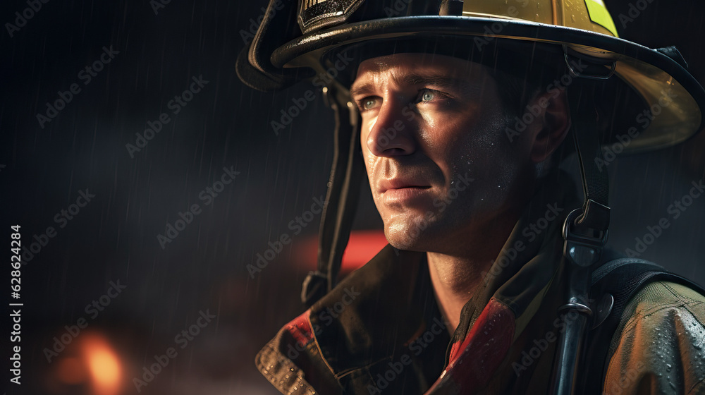 Sad Firefighter in Uniform in the Rain. Outside a Fire. Upset and ...