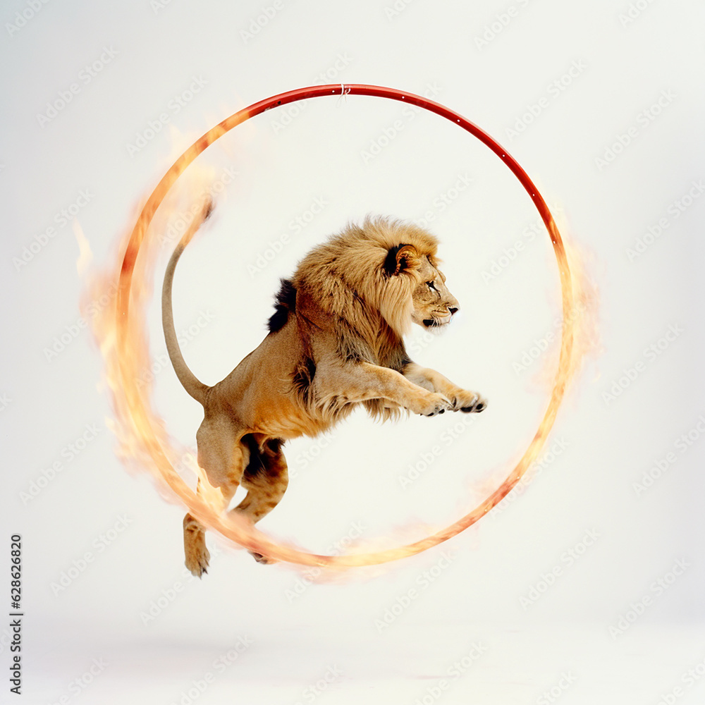 Lion jumps through burning hoop, on white background, lion in circus, animal training, risk ...