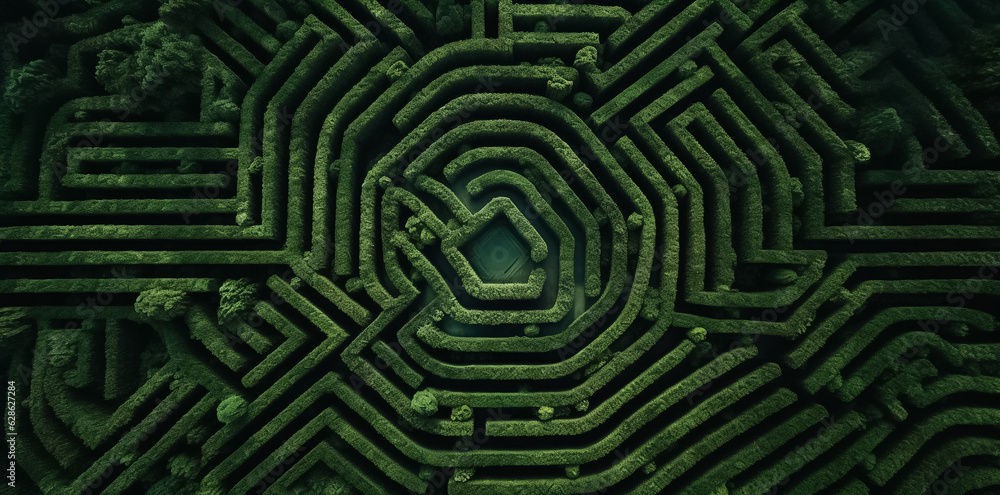 Aerial view of maze made of trees and bush. Drone view of the maze of ...