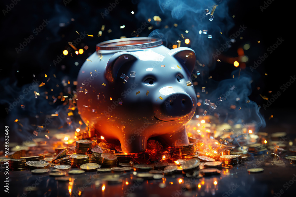 Piggy bank explodes with fire, sparks and smoke on a dark background ...