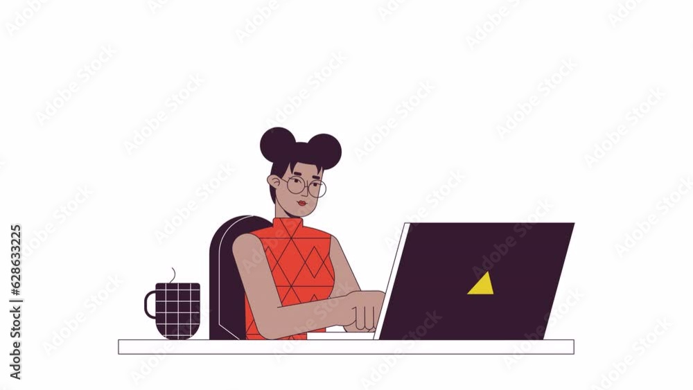 Telecommuting woman filling out checklist line 2D animation. Black ...