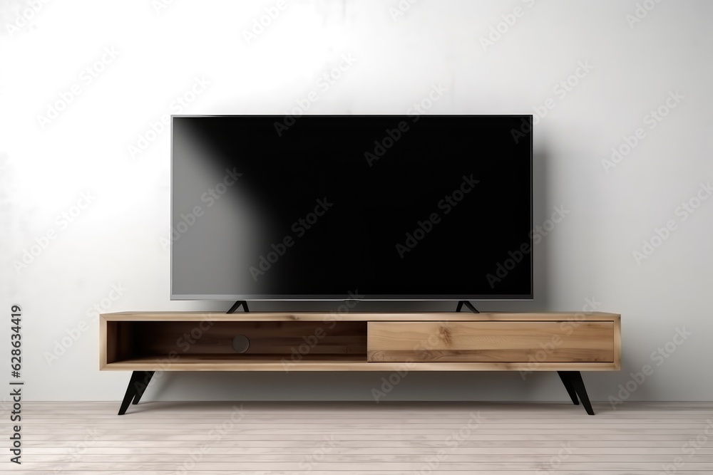 Television put on wood table background white wall, AI generated Stock ...