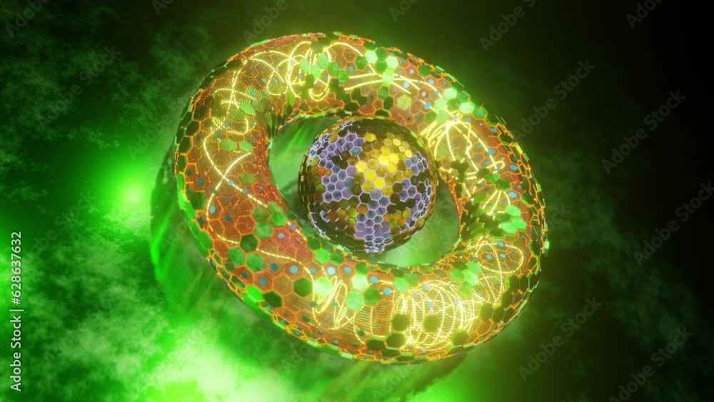 Loop 3d animation of a fantastic torus. A ring of many hexagonal ...