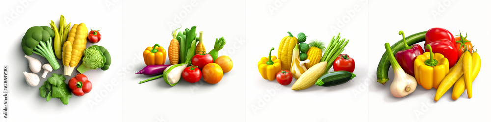 Displays various vegetables in a 3D rendering. Illustrates the vibrant ...