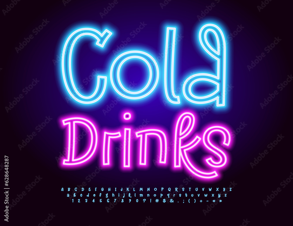 Vector Neon Advertisement Cold Drinks. Bright Glowing Font. Blue ...