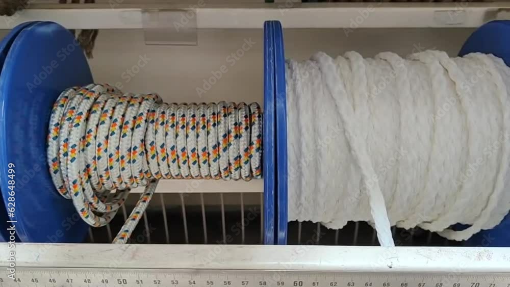 Spools of rope, one of the polyester boat ropes, one thick brown cotton ...