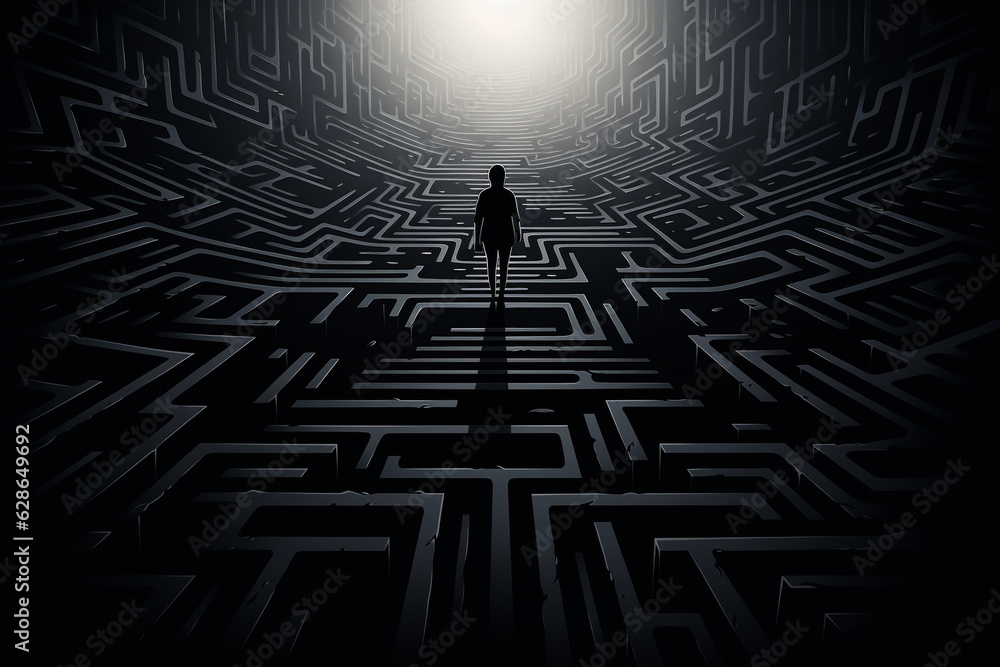 States of mind and psychology concept. Man silhouette in maze or ...