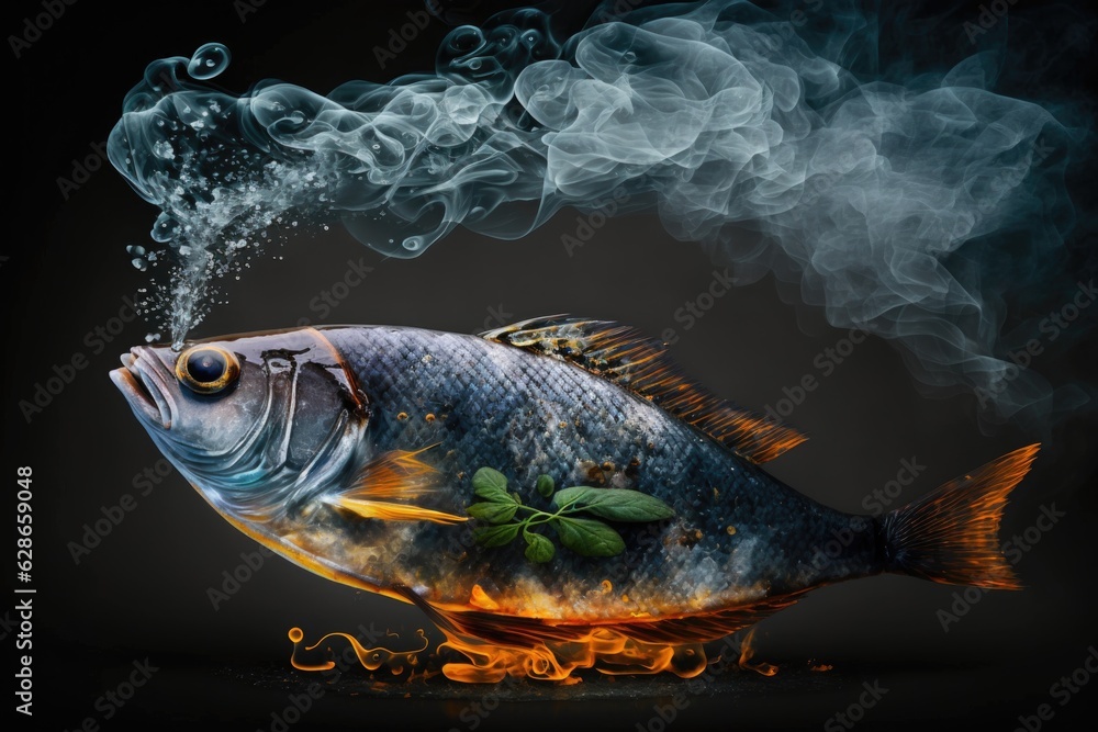 Dried fish on fire with smoke on black background Stock Illustration ...
