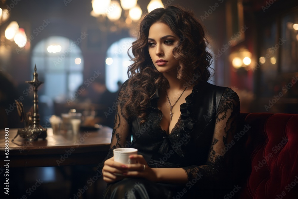 Sexy woman dressed in black a cafè, restaurant. Elegance and women ...