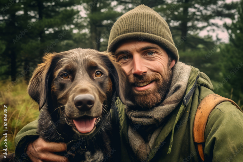 Portrait of a man and his loyal dog in the wilderness, signifying ...