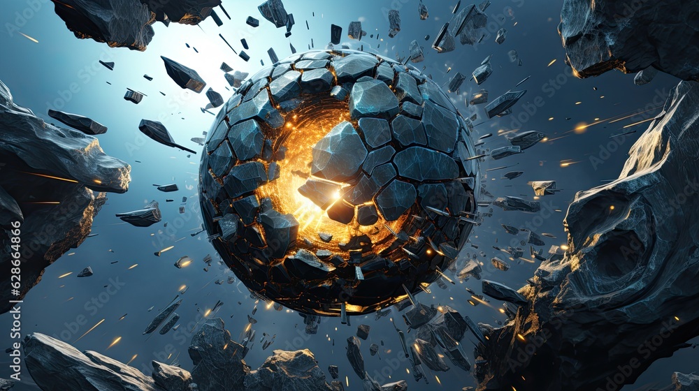 A planet explodes in space with fire and particles flying. Powerful ...