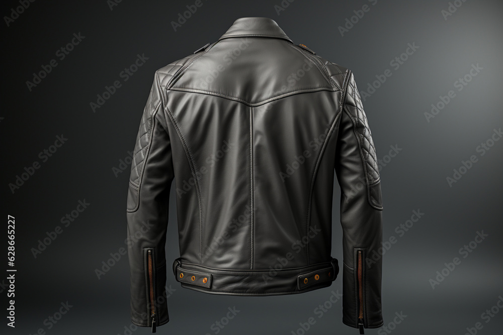 Grey background, front and back view of blank leather jacket Generative ...