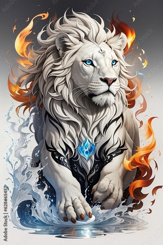 Tattoo-style white lion vector art with elements of water and fire ...