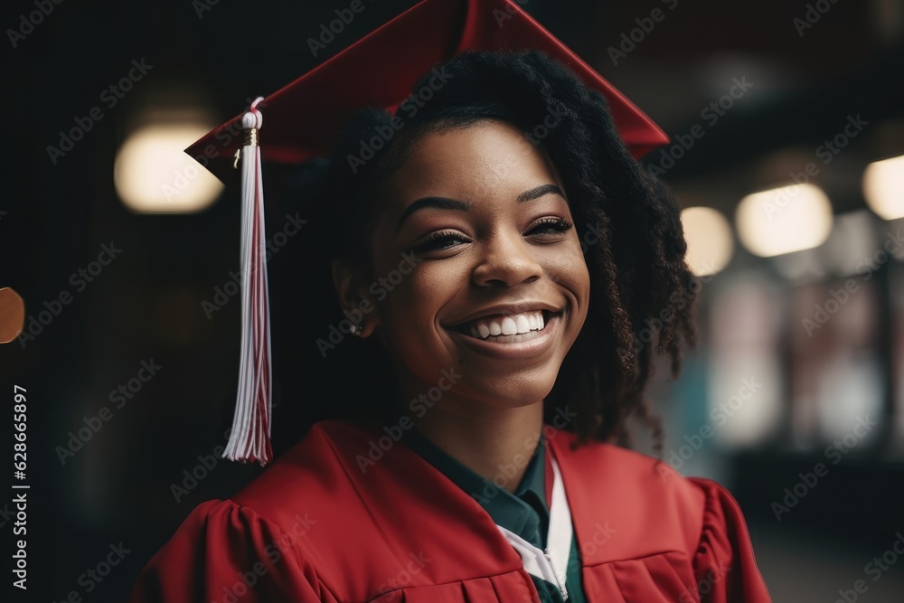 Young black woman wearing red graduation gown and hat Stock Photo ...