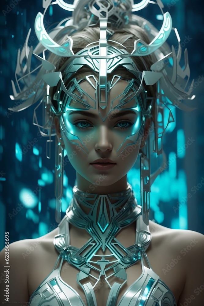 Portrait of a futuristic goddess girl. Her otherworldly allure and ...