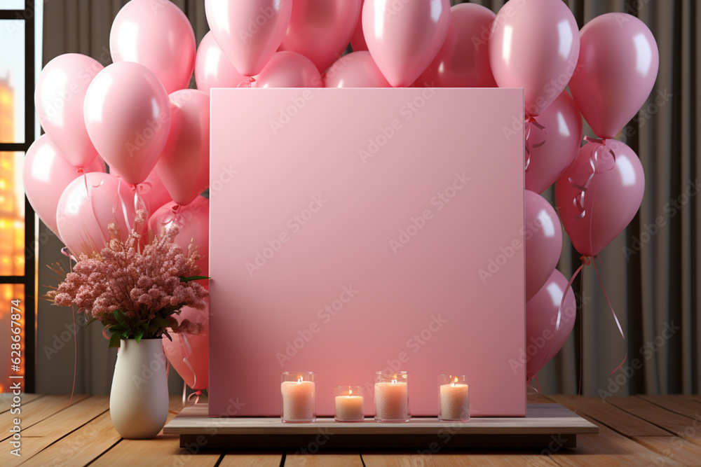 Pink table top view, birthday mockup, frame, pastel balloons Generative ...