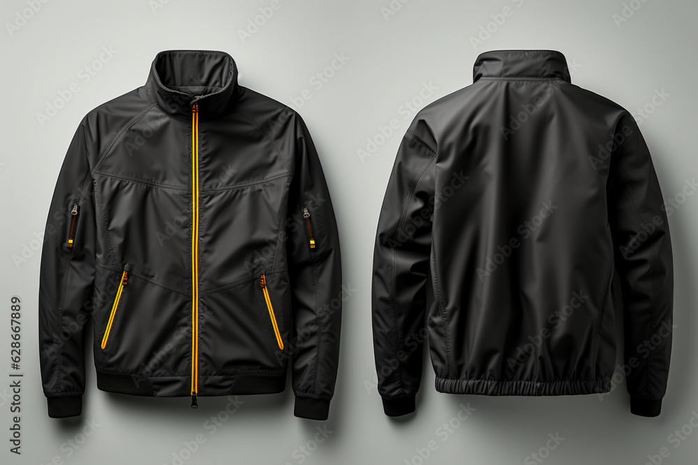 Plain black jacket mockup, front and back view, isolated on grey ...