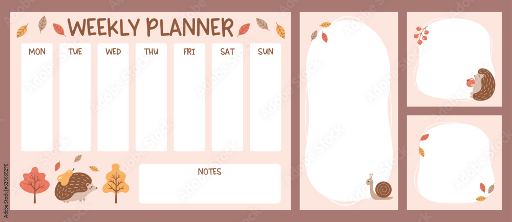 Weekly planner and note sheets for kids with cute hedgehog and snail ...