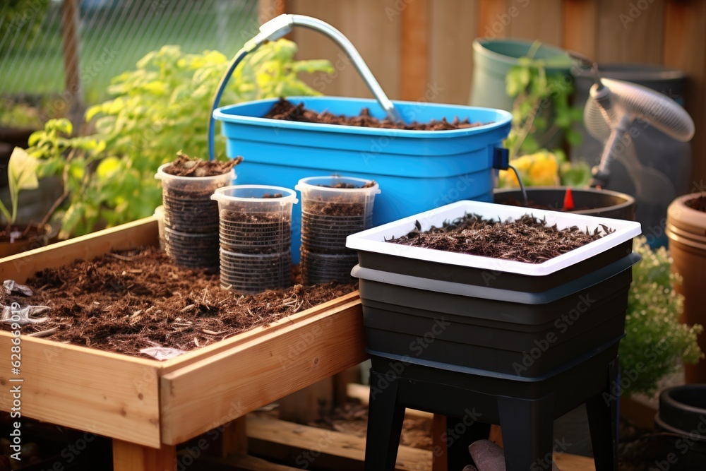 vermicomposting setup with worm bin and tools Stock Photo | Adobe Stock