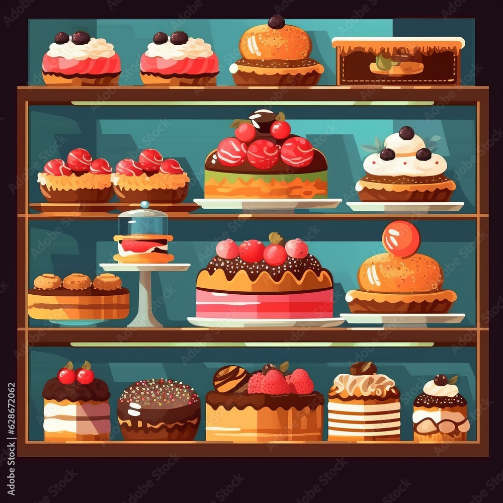 Sweet pastries with berries. Showcase in a candy store. Glass stand ...