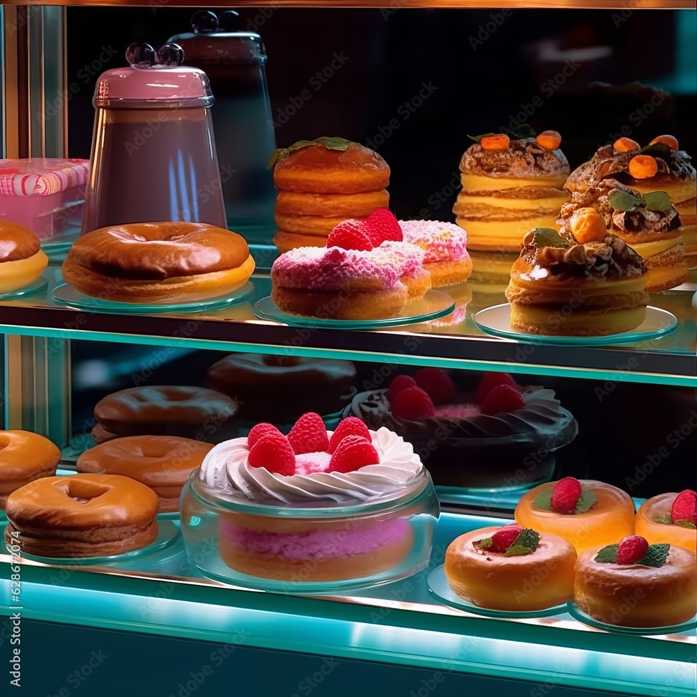 Sweet pastries with berries. Showcase in a candy store. Glass stand ...