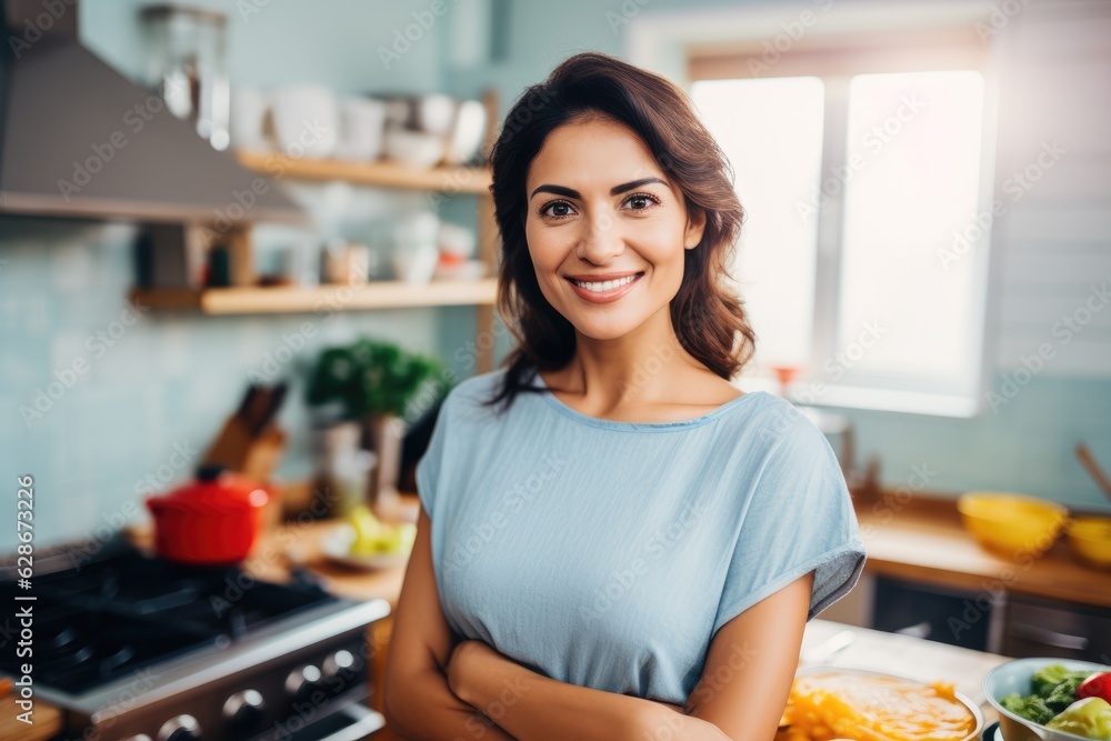 Proud Hispanic woman posing in her kitchen clean-smiling mom standing ...