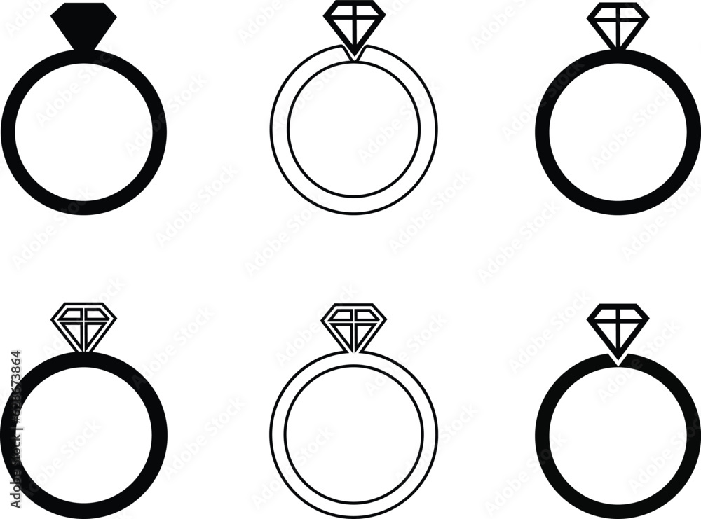Diamond engagement ring vector icons set . Black isolated outline icon ...