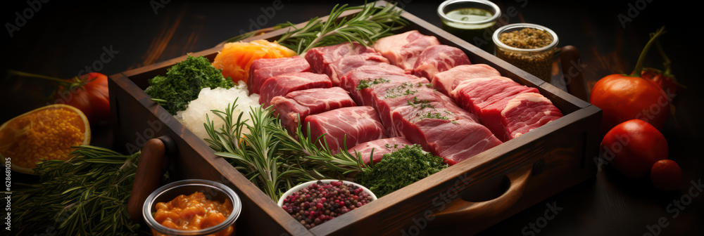 meat cuts selection displayed in wooden ray at a butcher shop or a ...